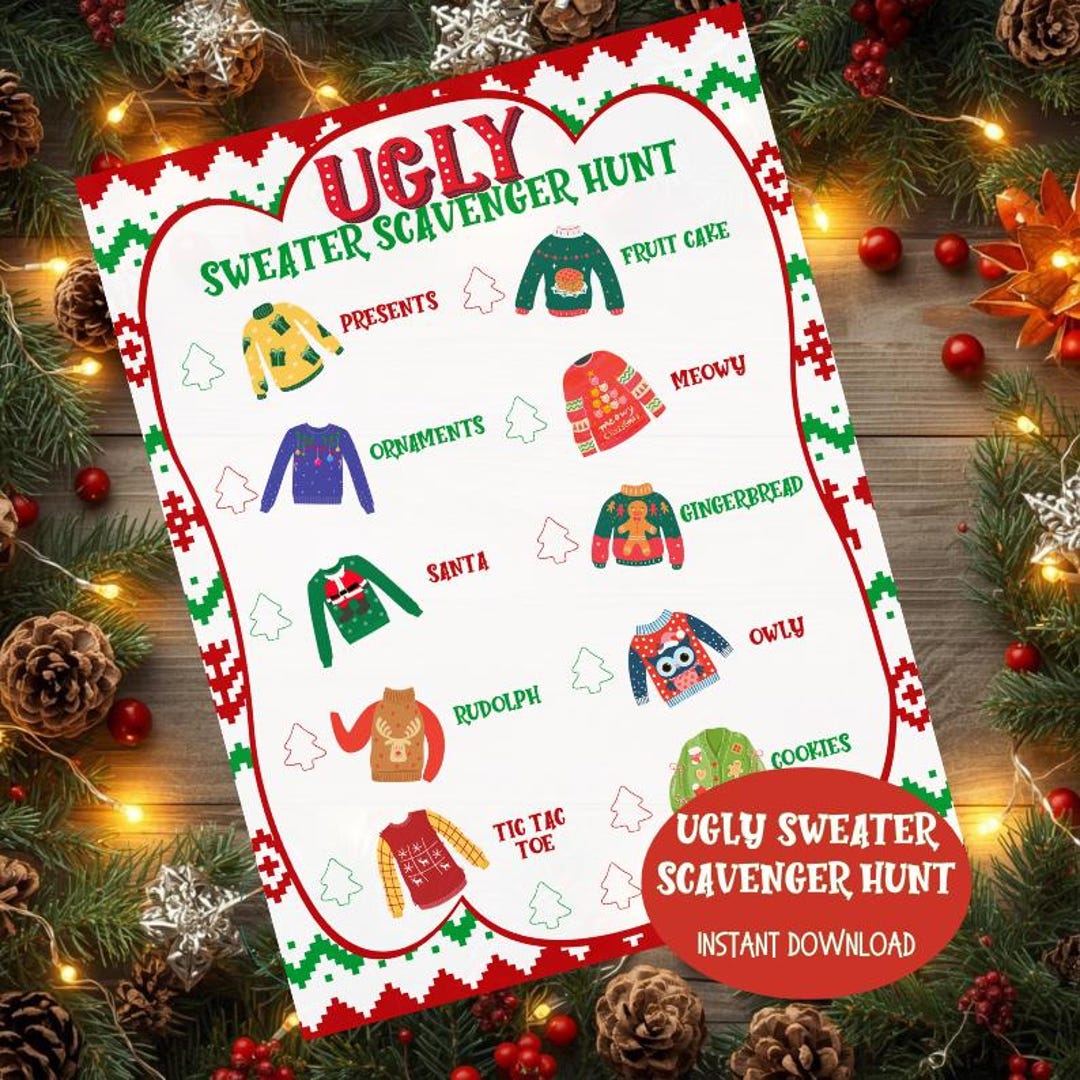 Ugly Sweater Scavenger Hunt Printable With Cutouts - Holiday Party Game ...