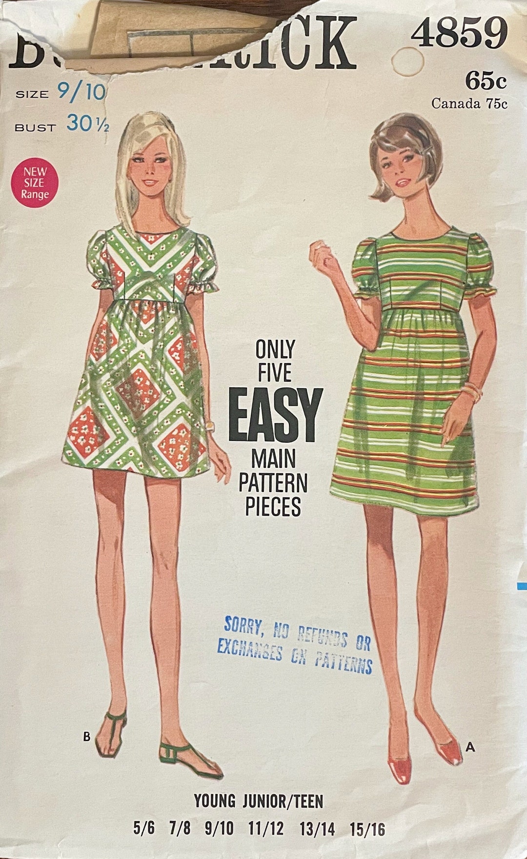 Butterick 4859 Young Junior/teen One-piece Dress Size 9/10 Vintage CUT ...