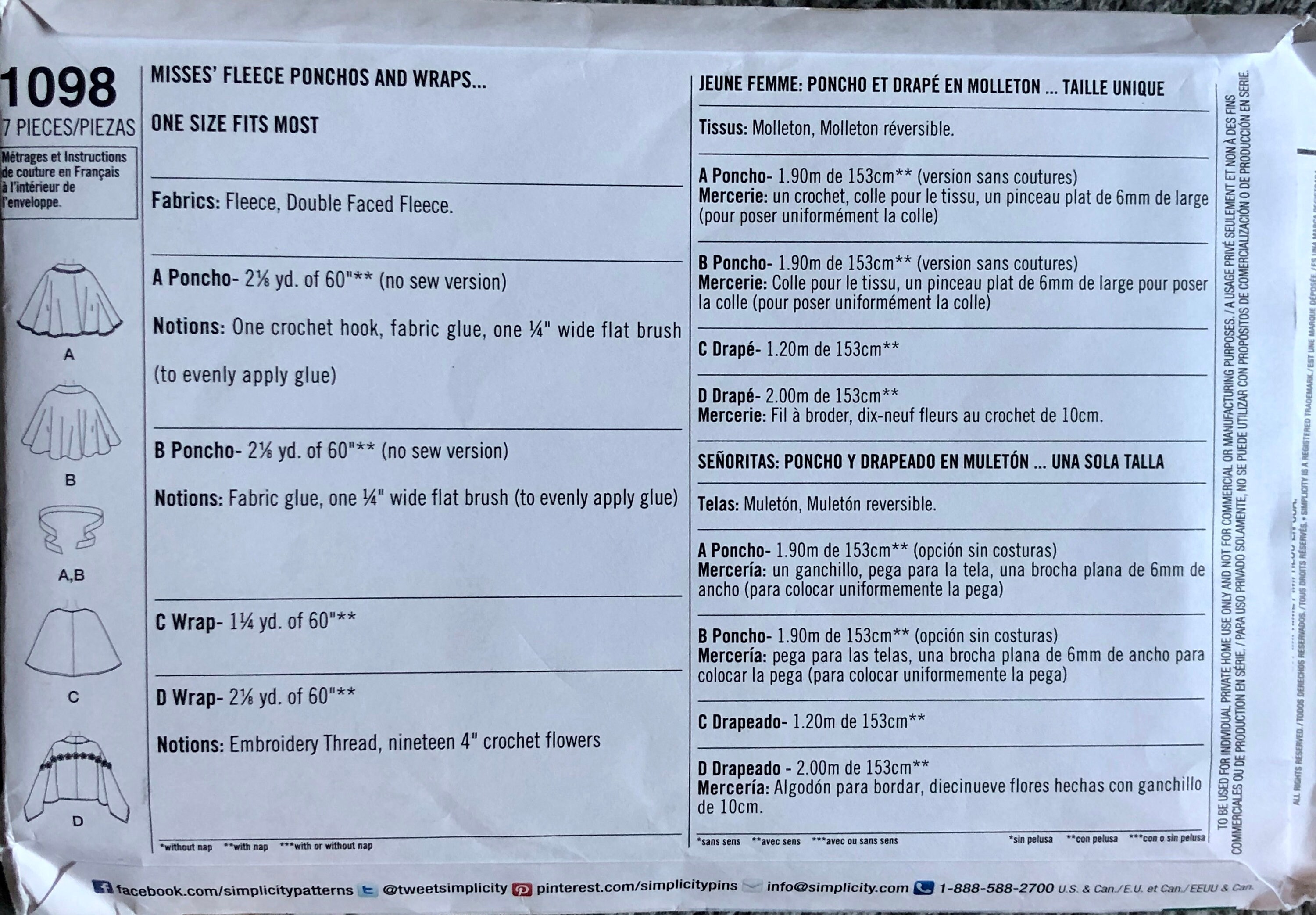 Simplicity 1098 Misses' Fleece Ponchos and Wraps One Size UNCUT Pattern ...
