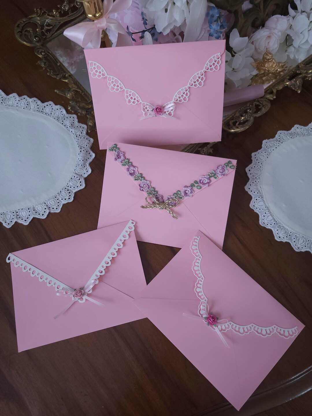 Pack of 5 Vintage Inspired Pink Laced Edge Envelope With Stationery ...