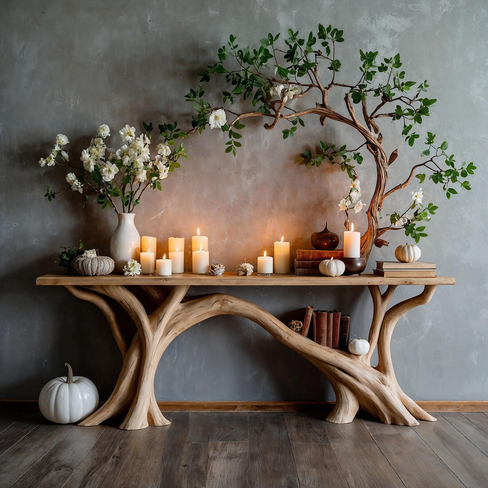 Natural Wood Console Table With Tree Branch Shelf | Driftwood Entryway ...