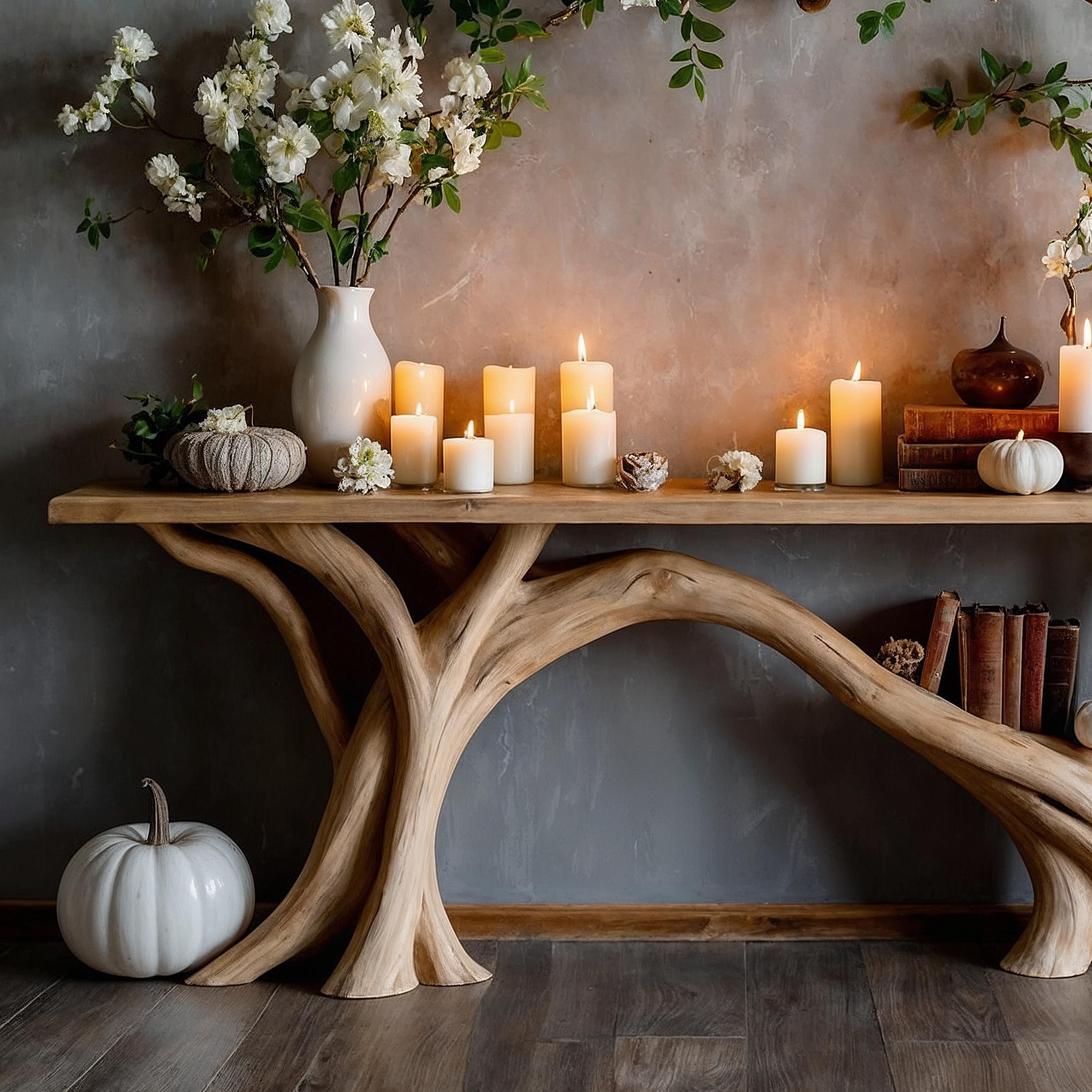 Natural Wood Console Table With Tree Branch Shelf | Driftwood Entryway ...