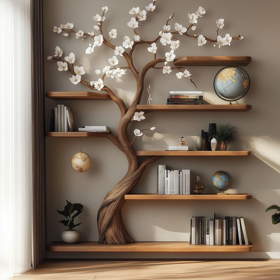 Wood Tree Branch Floating Shelves, Live Edge Wooden Tree Bookshelf ...