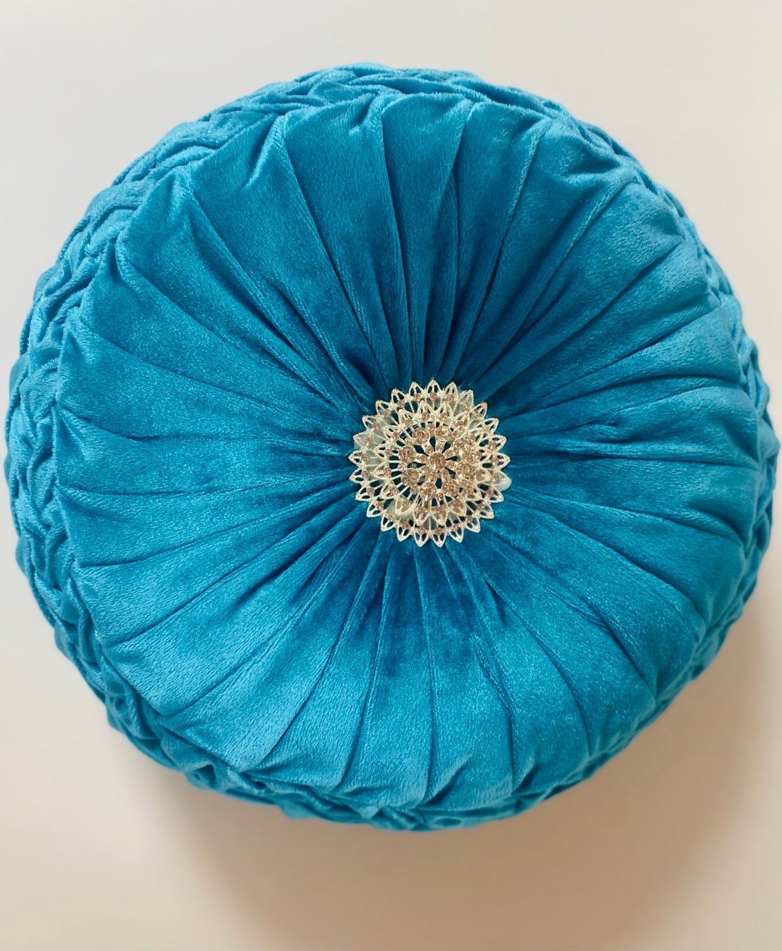 Blue Luxury Modern Pintuck Pillow With Jewel. Round Velvet Pillow With ...