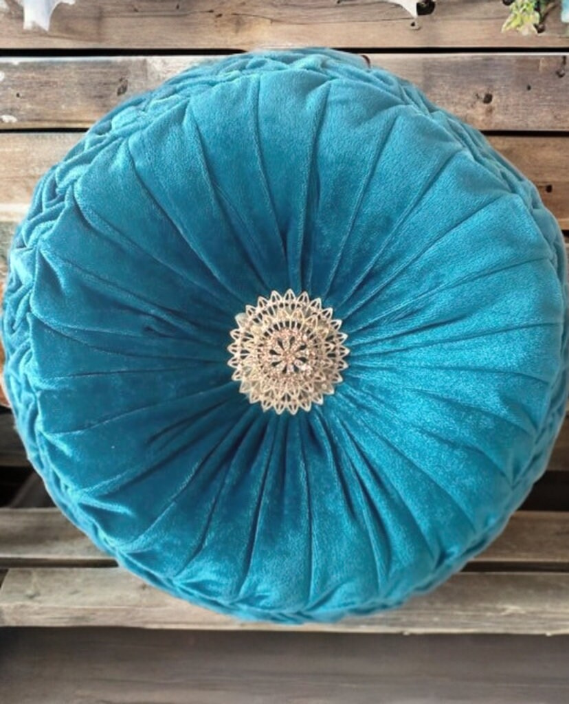 Blue Luxury Modern Pintuck Pillow With Jewel. Round Velvet Pillow With ...