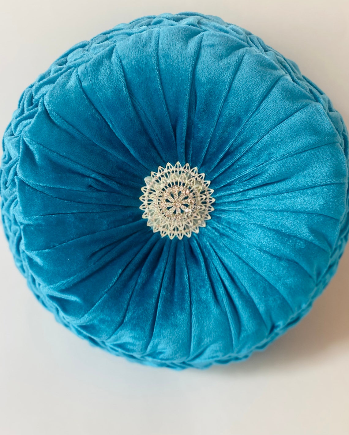 Blue Luxury Modern Pintuck Pillow With Jewel. Round Velvet Pillow With ...