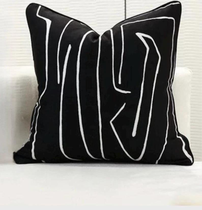 Abstract Line Art Pillow Cover: Modern Black and White Cushion - Etsy