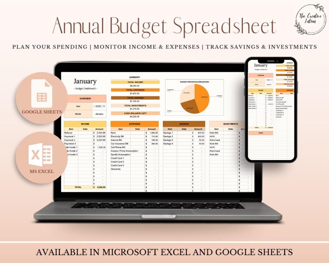 Digital Annual Budget Tracker | Google Sheets Finance Template | Income ...