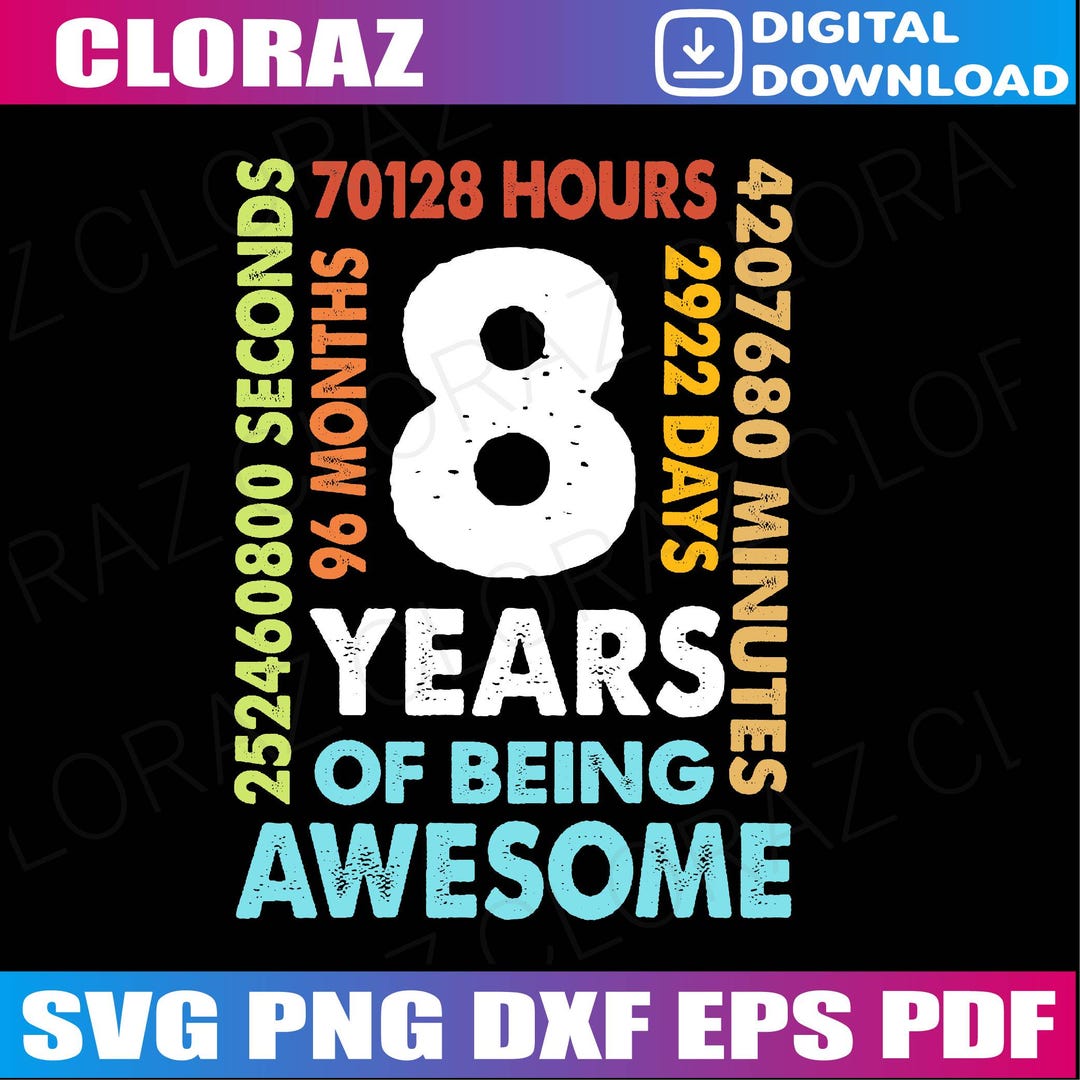 Kids 8th Birthday 8 Years Old Vintage Retro 96 Months Svg, 8 Years Old ...