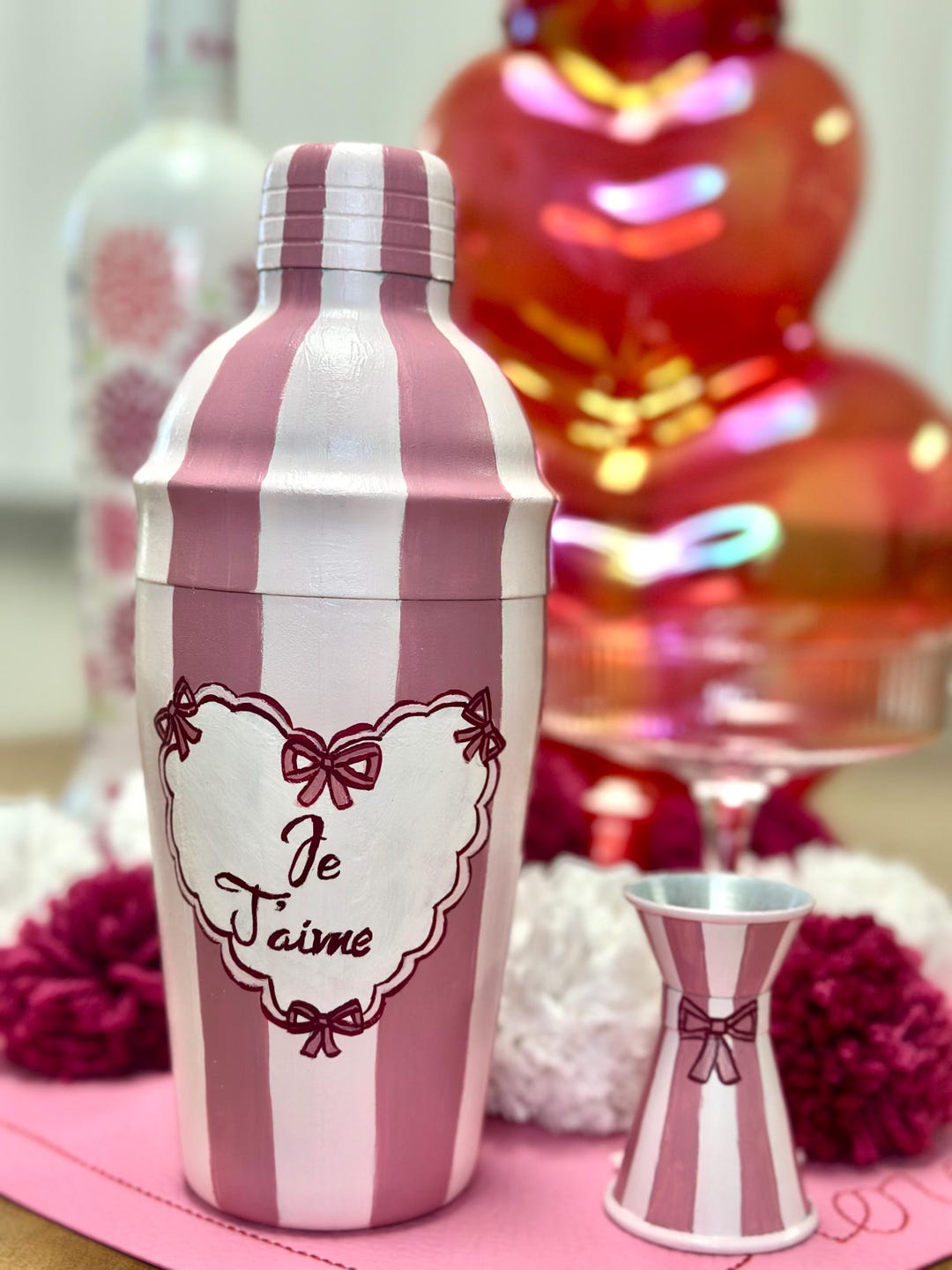 Hand-painted Valentine's Cocktail Shaker | Pink Stripes, Stainless ...
