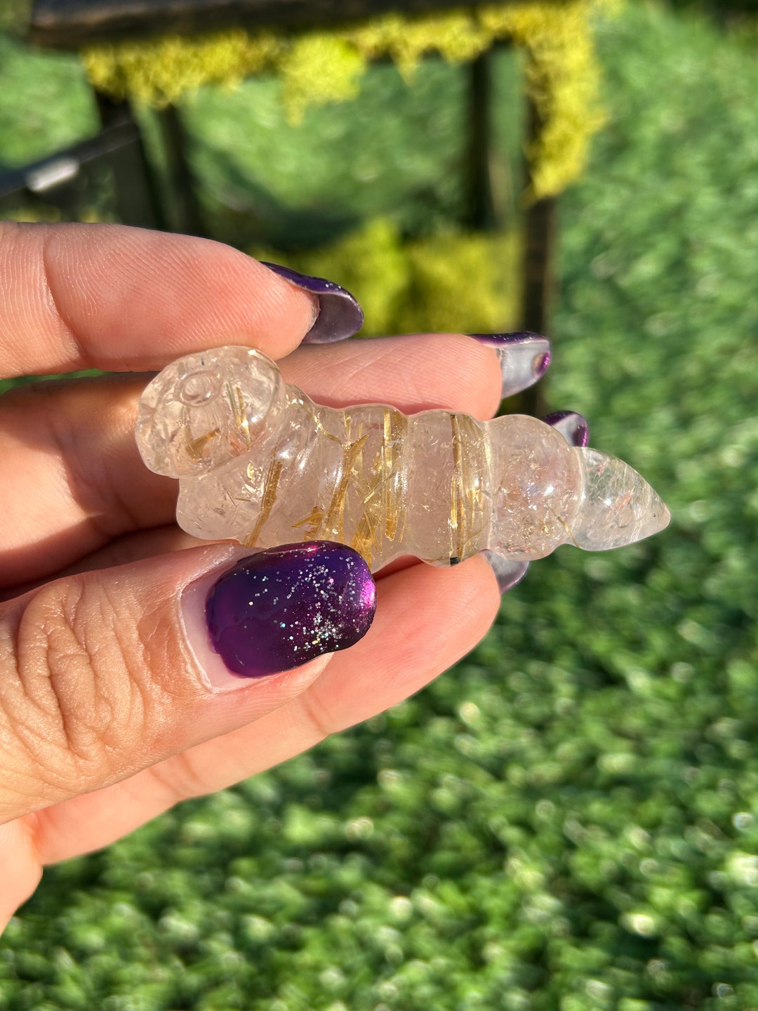 Golden Rutile Quartz Caterpillar, Carved Golden Rutilated Quartz Pocket Stone, Wealth ...