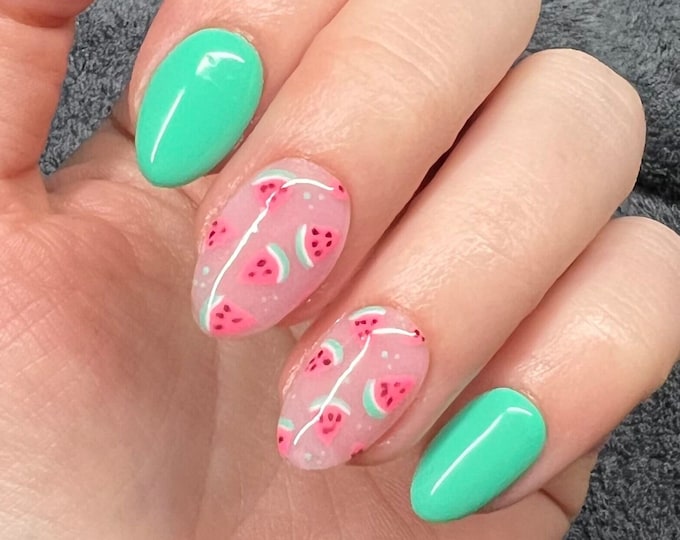 Watermelon Slices / Fruit Nails, Watermelon Nails, Teal Green Nails ...
