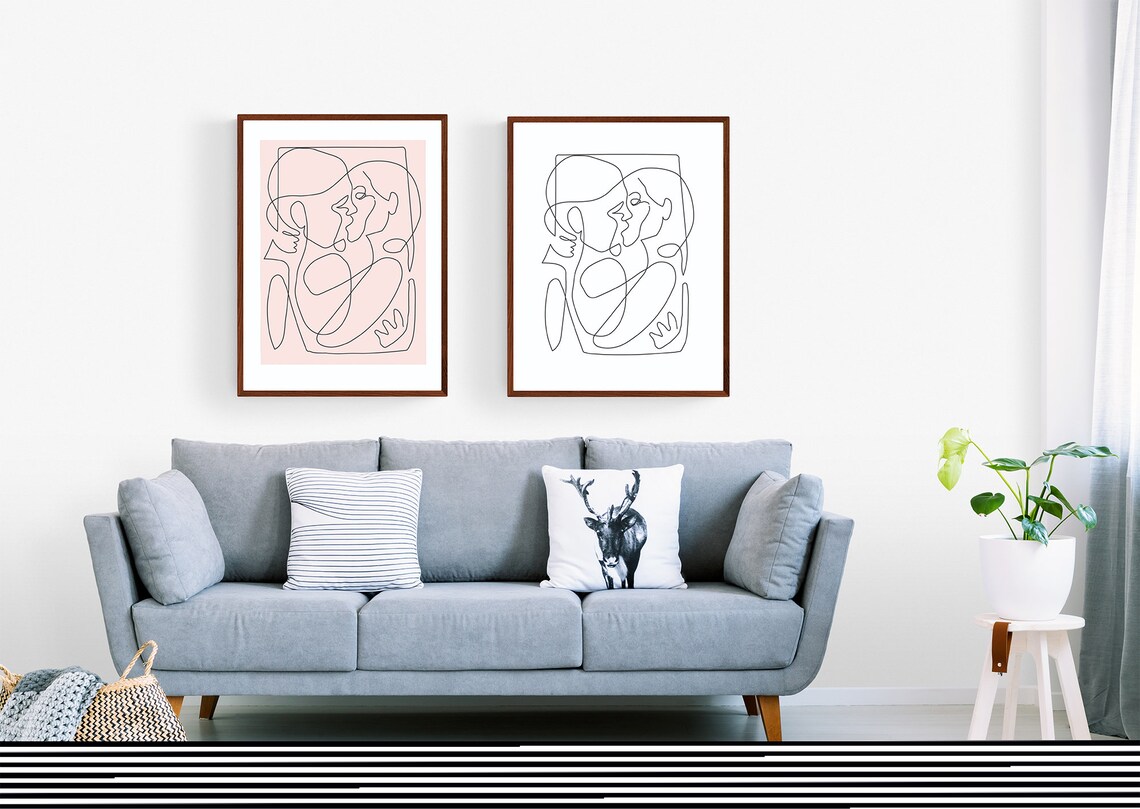 Couple One Line Drawing Set of 2 Prints, Sexy Bedroom Art, Couple Kiss ...