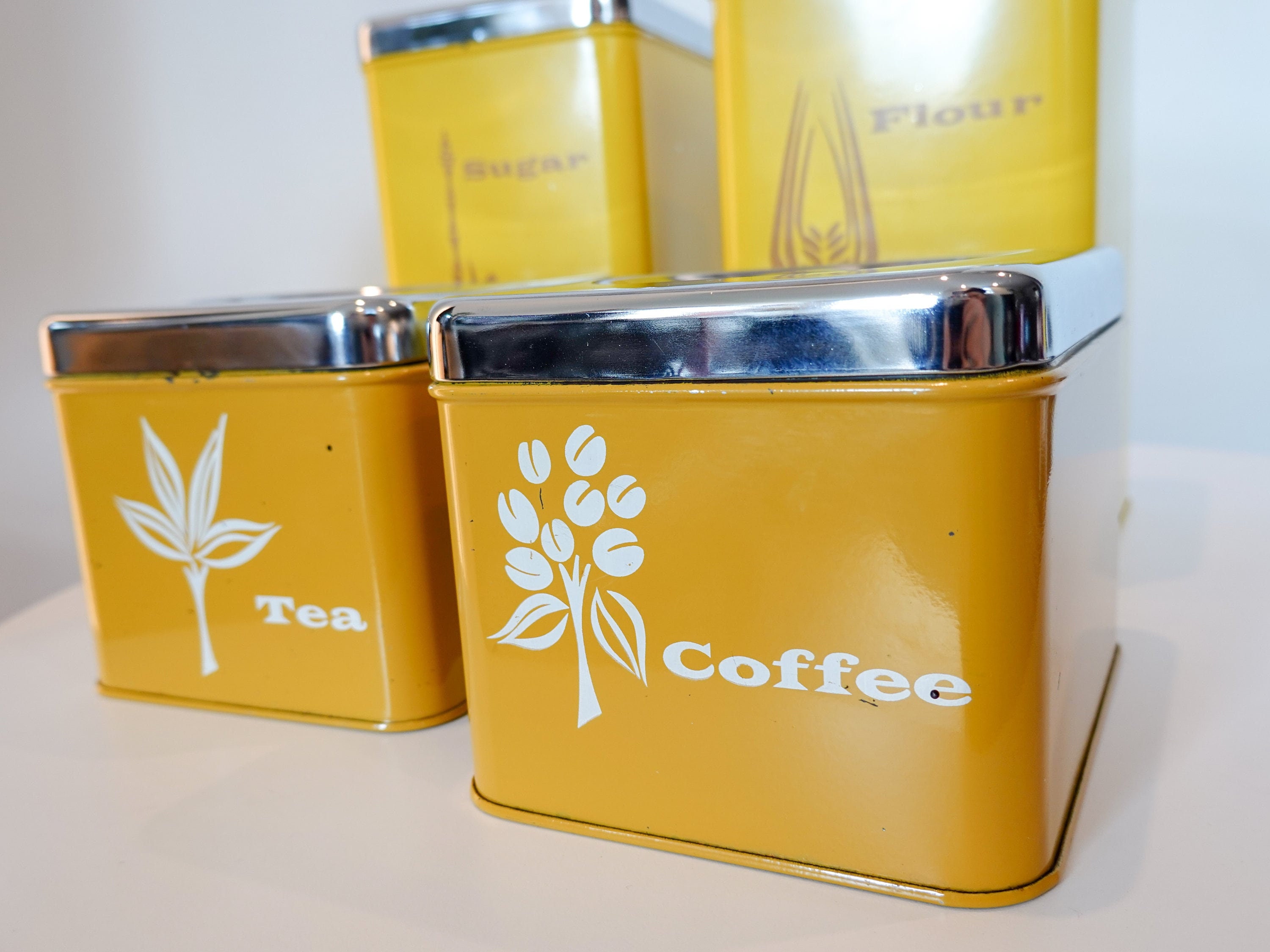 Vintage Kitchen Canisters Lemon Yellow and Burnt Orange Painted Metal ...