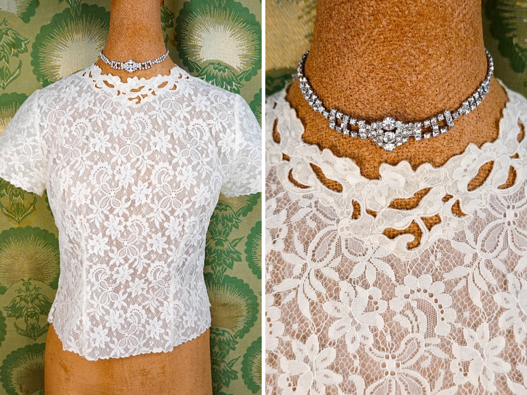 40's Sheer Lace Blouse Vintage Sheer Lace Applique Back Button Blouse by Saab, Blouse Du Jour ...