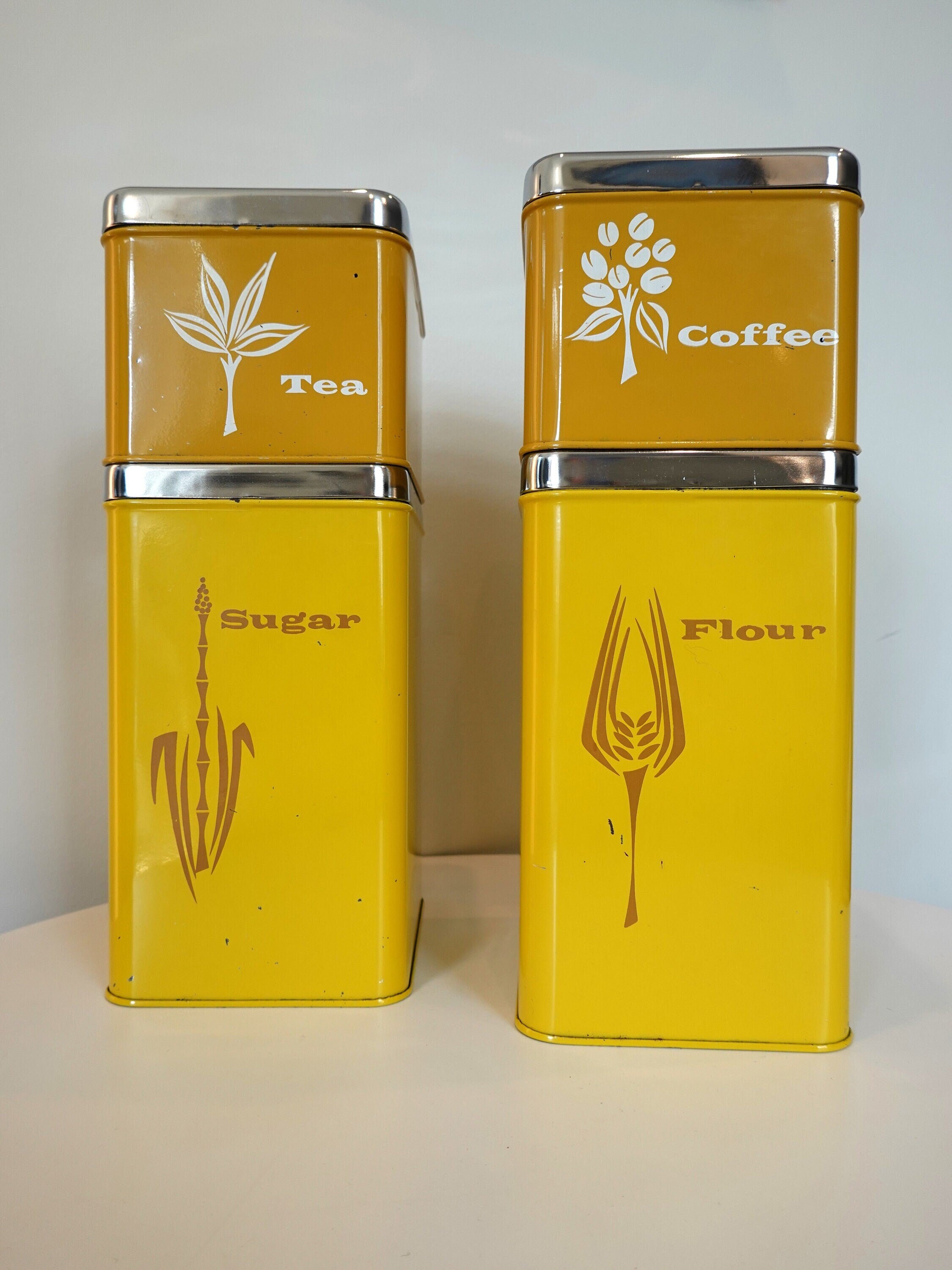 Vintage Kitchen Canisters Lemon Yellow and Burnt Orange Painted Metal ...