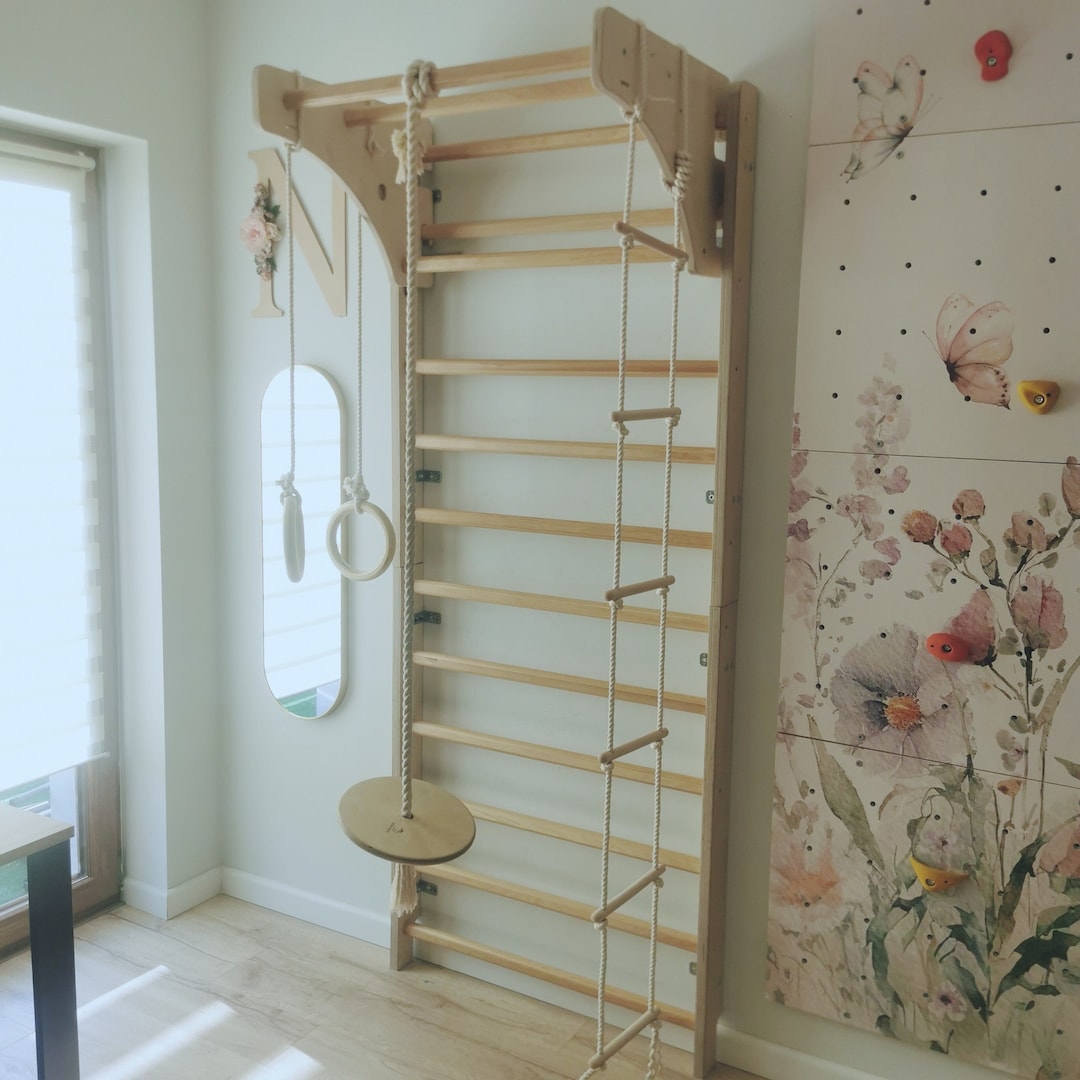 Wooden Swedish Ladder, Set of Wooden Ladder With Wallbars, Indoor ...