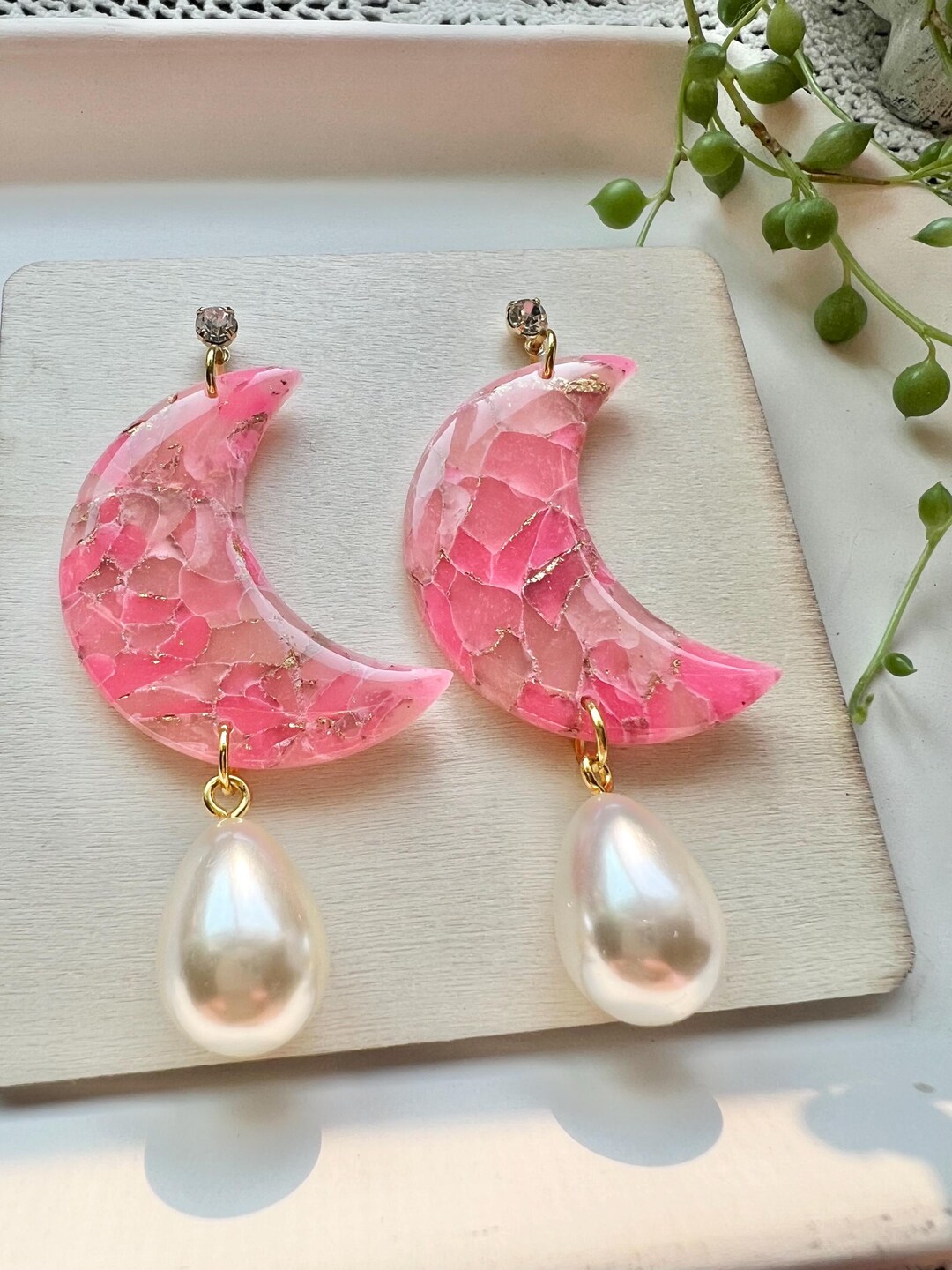Pearl Moons, Pink Faux Stone Moons, Handmade Polymer Clay Earrings - Etsy