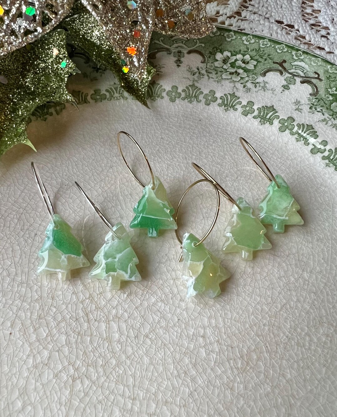 Crystal Christmas Tree Hoops, Faux Stone Tree Polymer Clay Earrings - Etsy