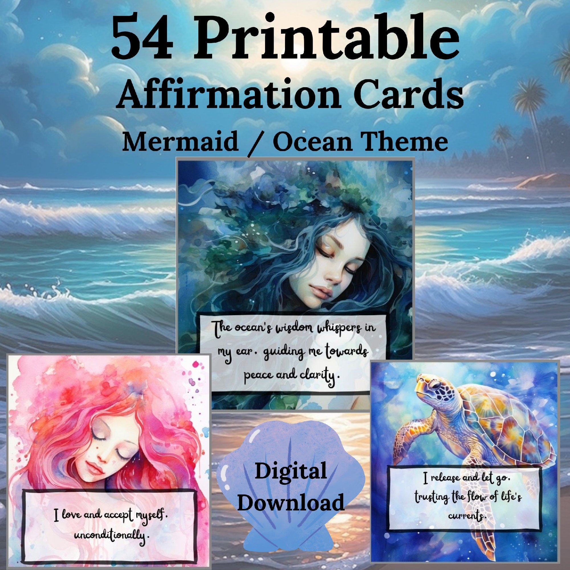 54 Printable Positive Affirmation Cards -mermaid Ocean Theme- Digital ...