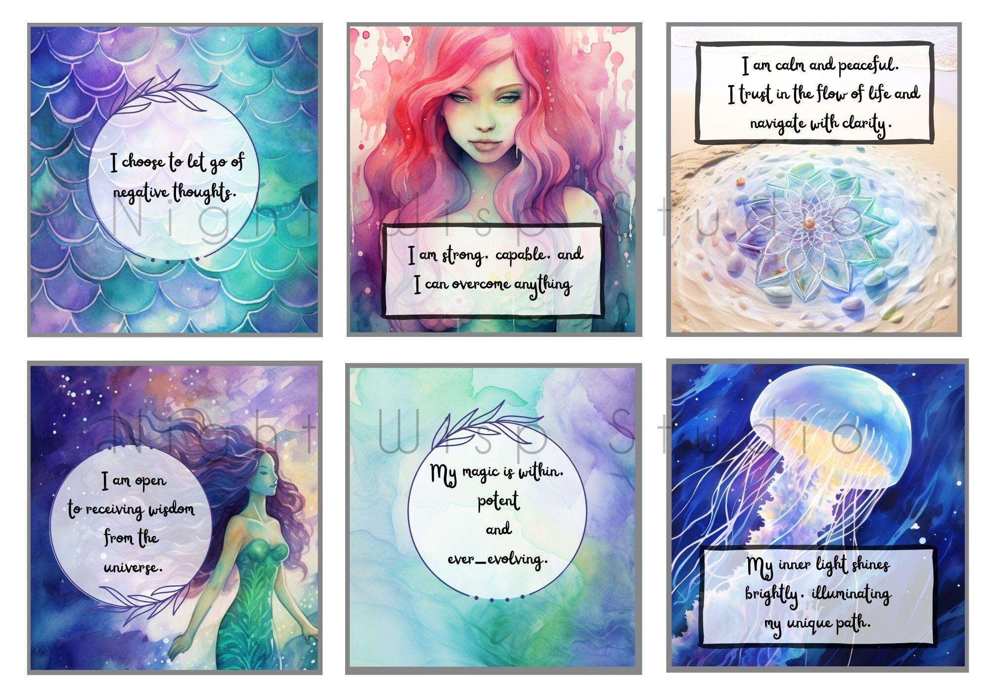 54 Printable Positive Affirmation Cards mermaid Ocean Theme Digital ...