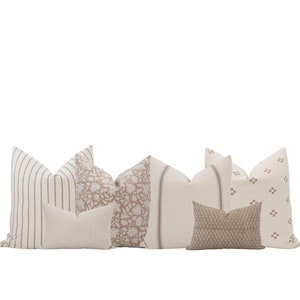 Neutral Pillow Cover Set: Block Print, Floral, Stripe, Gingham - Set of ...