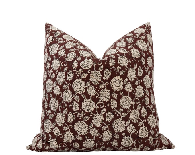 VERA || Dark Burgundy Block Print Pillow Cover Burgundy Floral Pillow ...