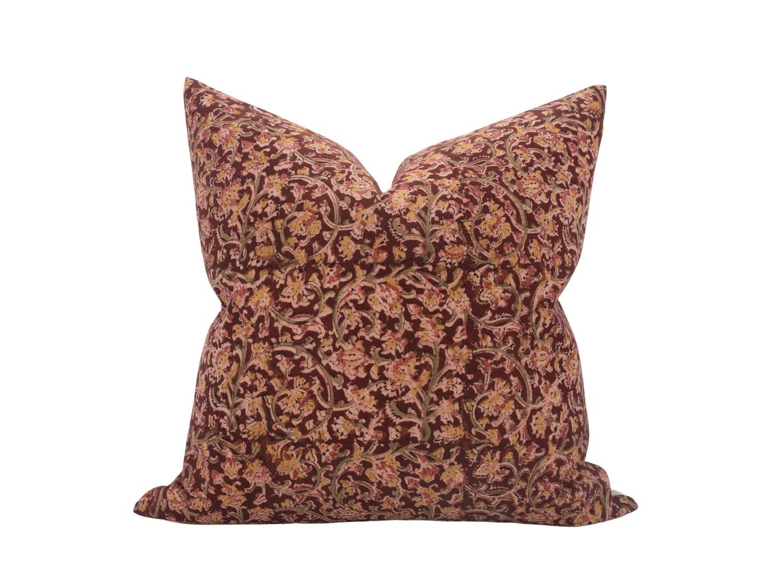 PIRU Burgundy Block Print Pillow Cover Burgundy Floral Pillow Farmhouse ...