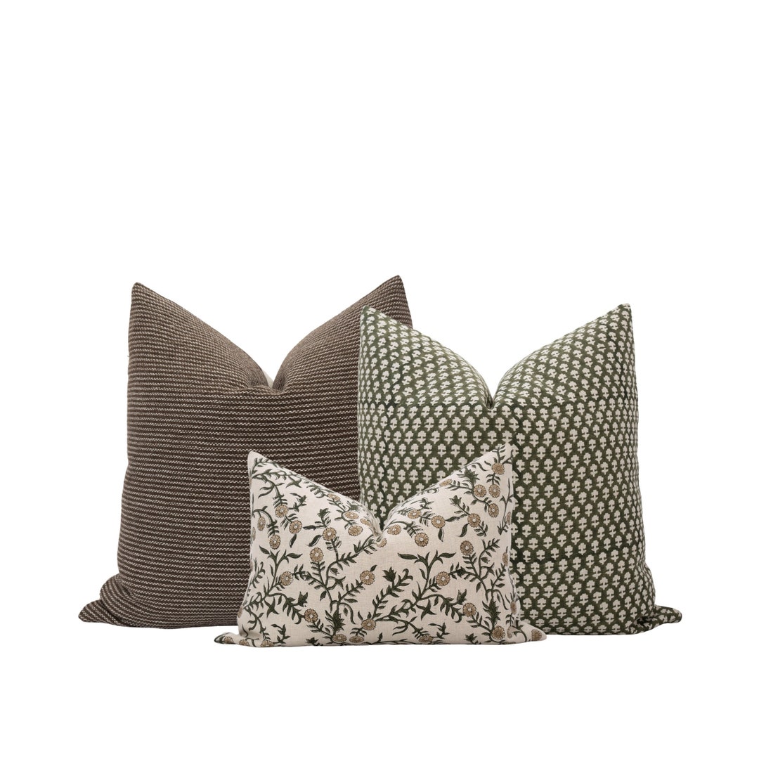Green Pillow Cover Set Block Print Pillow Set Moody Pillow Combo ...