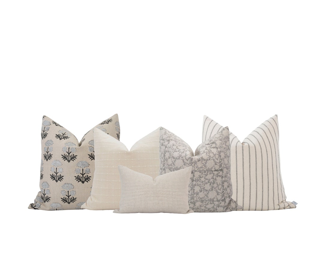 Neutral Gray Pillow Cover Set Block Print Pillow Gray Pillow Set Gray ...