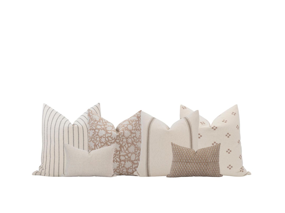 Neutral Pillow Cover Set: Block Print, Floral, Stripe, Gingham - Set of ...