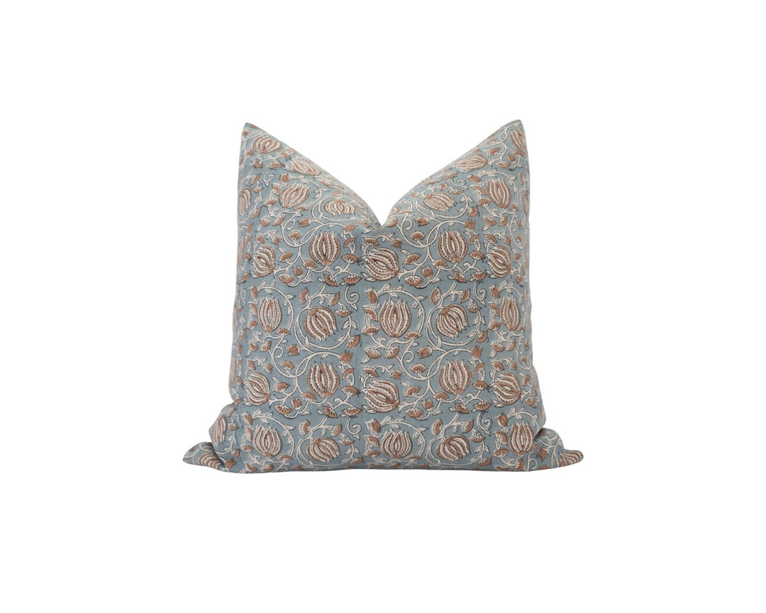 CELESTE || Designer Blue Floral Linen Pillow Cover Block Print Pillow Farmhouse Pillow Spring ...