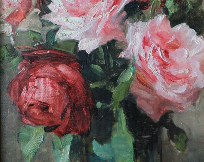 Antique Roses Oil Painting, Canvas on Board by German Artist Friedrich ...