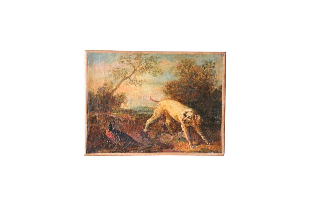 Antique Portrait Painting of a Dog and Bird in a Landscape Attributed ...