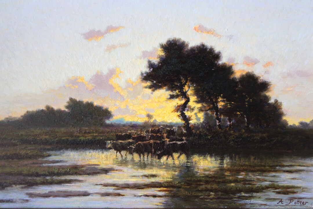Antique Landscape Oil Painting With Cows, Moody Swiss Landscape ...