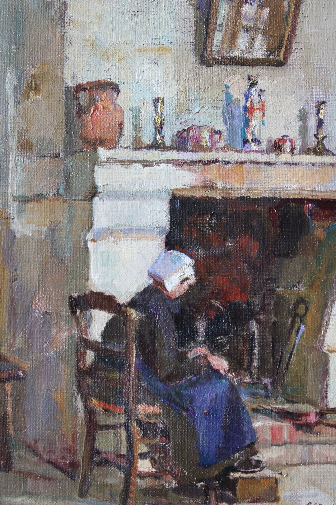 Vintage Interior Room Scene, French Breton Woman at a Fireplace ...