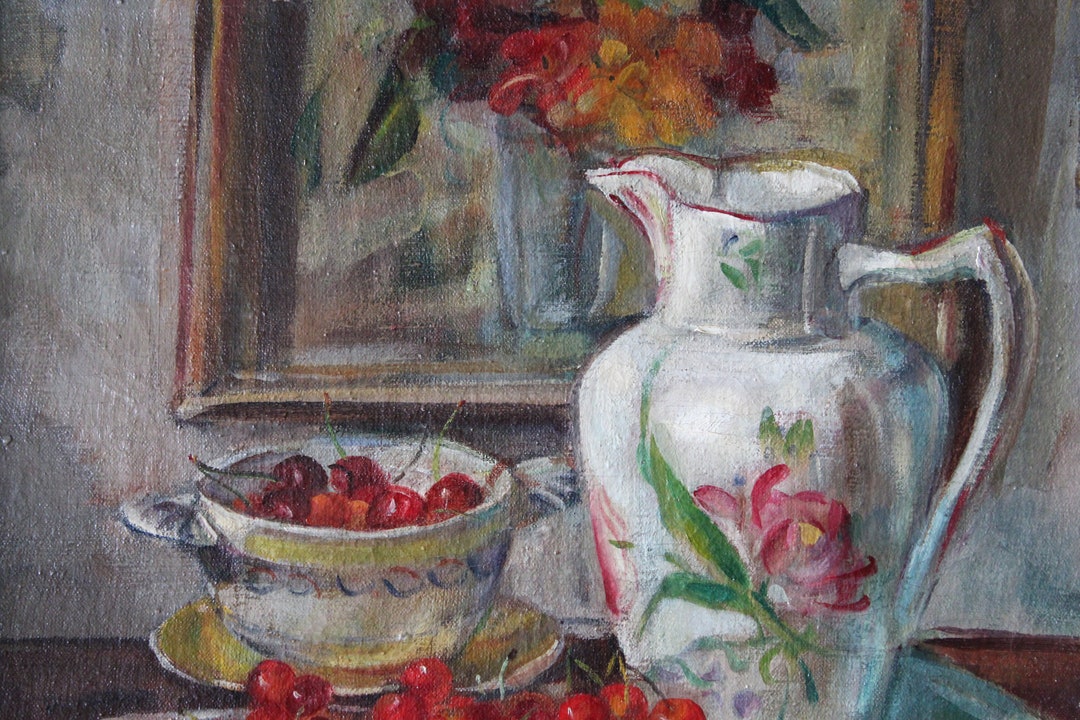 Antique Still Life Interior Scene Oil Painting of Cherries and a Jug on ...