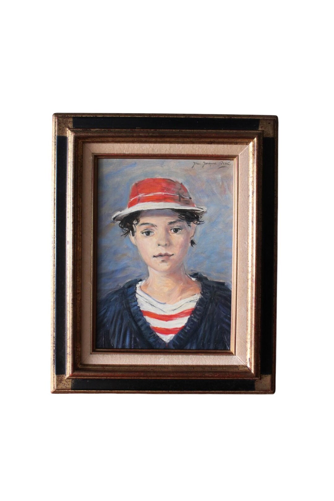 Vintage Portrait Painting of a Young Boy in a Red Hat by French Artist ...