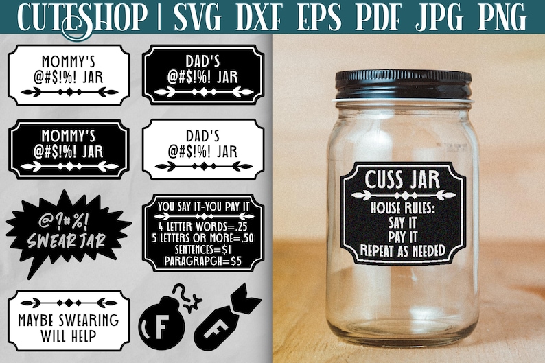18 Swear Jar SVG Bundle - Cricut Labels for Jars | Funny Swear Jar Decals | No Swearing Sign SVG ...