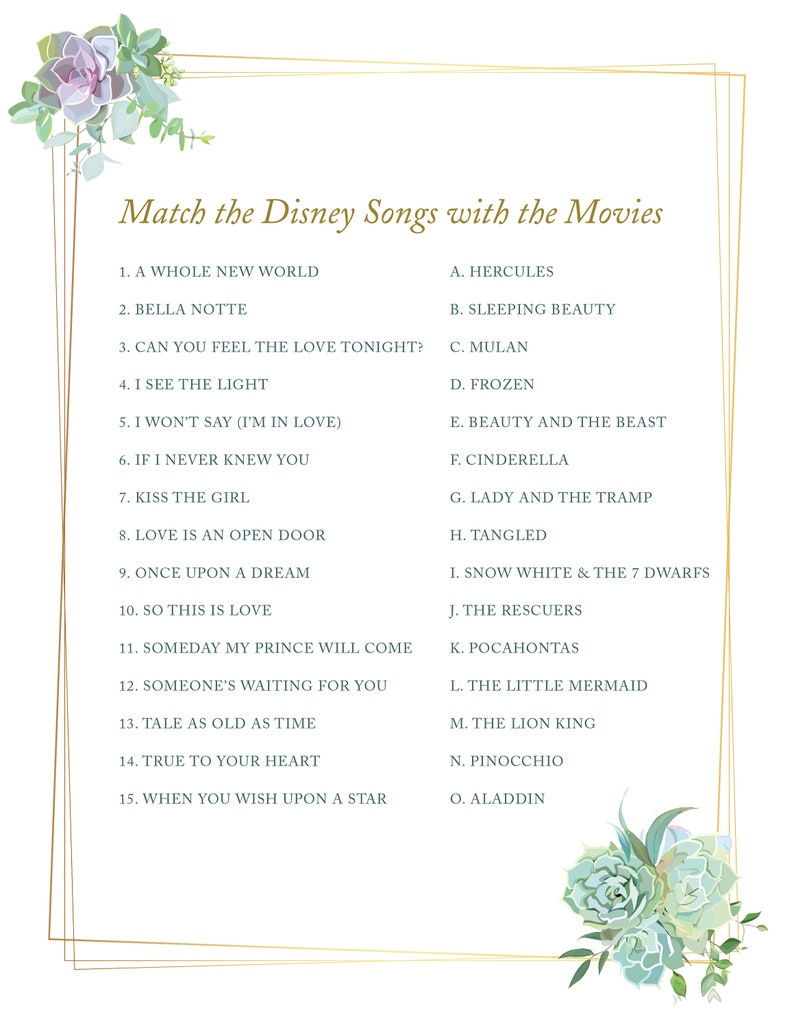 Disney Love Song Matching Game for Bridal Shower, Printable - Etsy