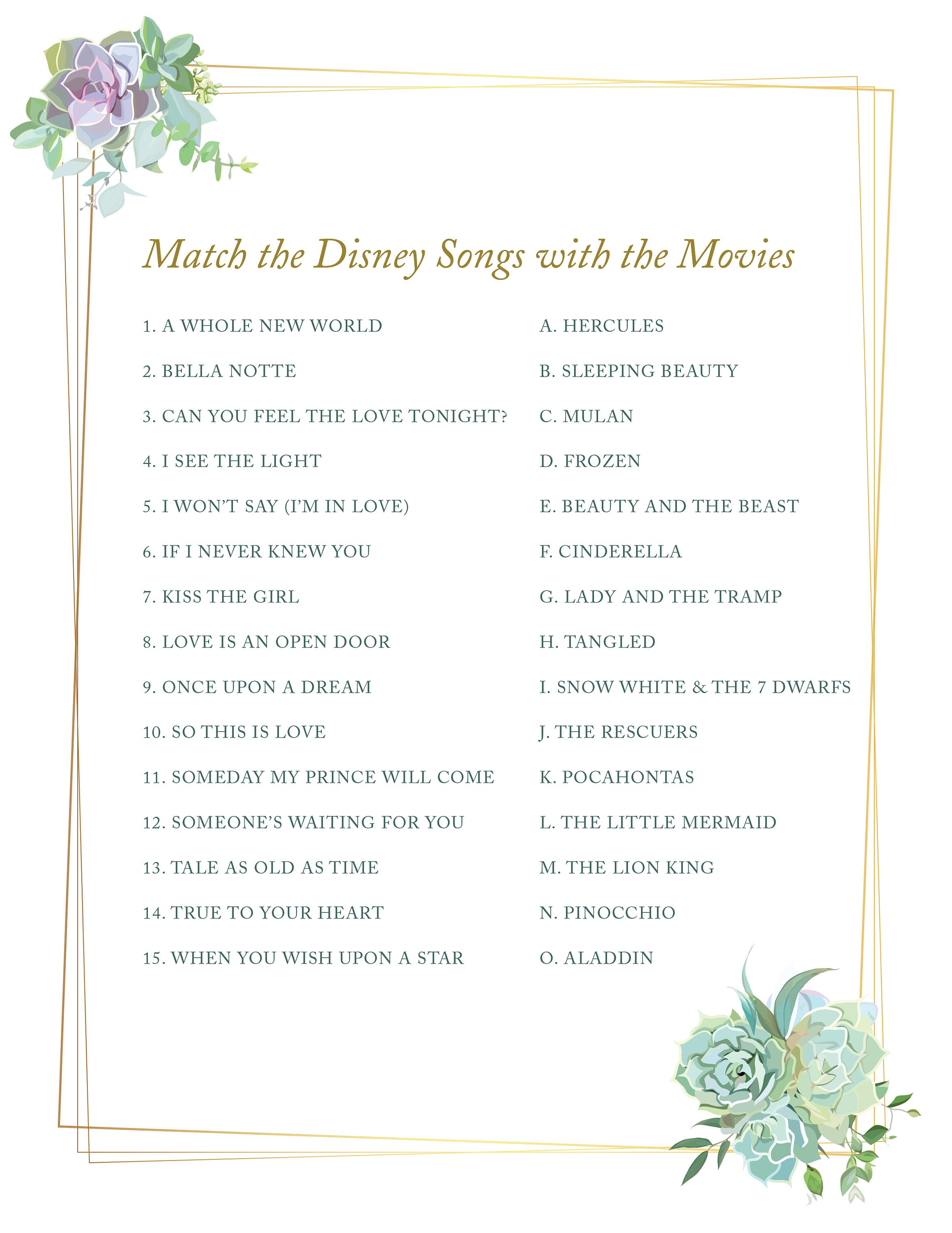 Disney Love Song Matching Game for Bridal Shower, Printable - Etsy