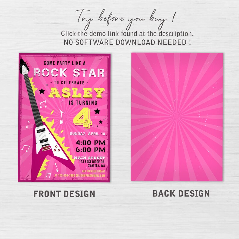 Rock Star Birthday Party Invitation, Printable Girls Party Invite ...