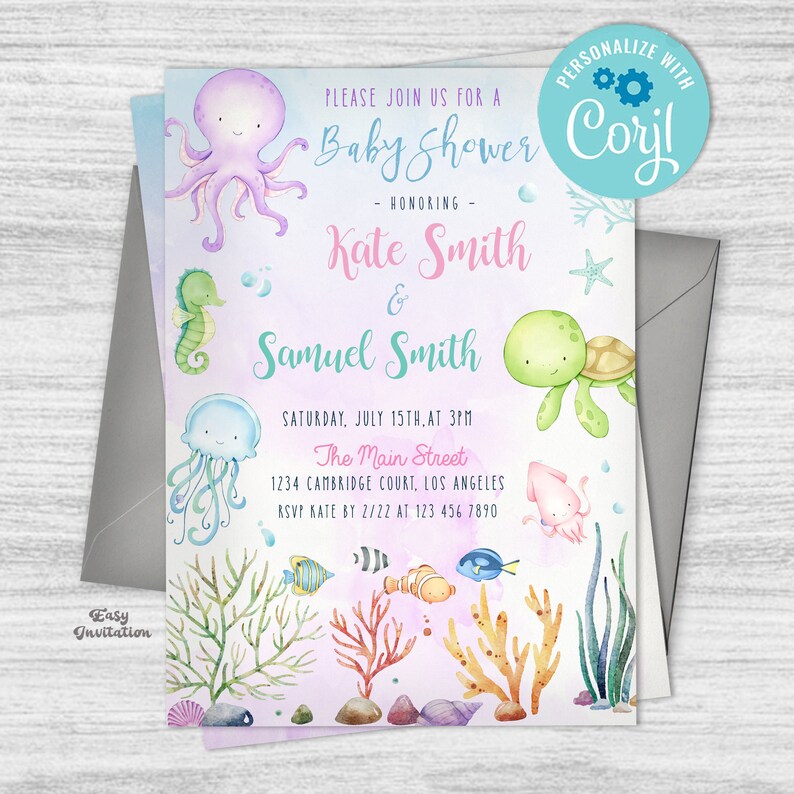 Sea Animals Baby Shower Invitation Girl Invite Ocean Sea - Etsy