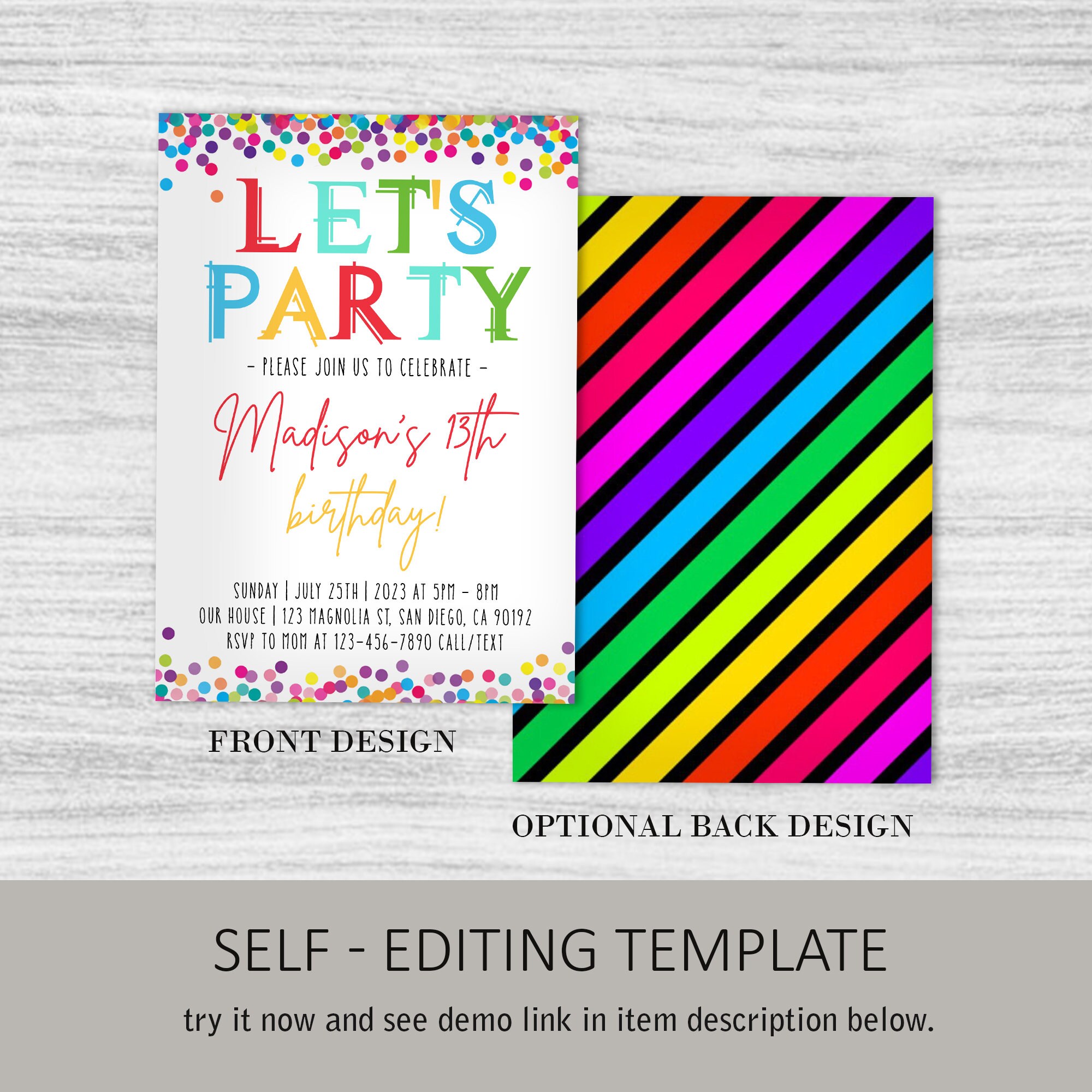 Simple Colorful Birthday Invitation Template, ANY AGE, Instant Download ...