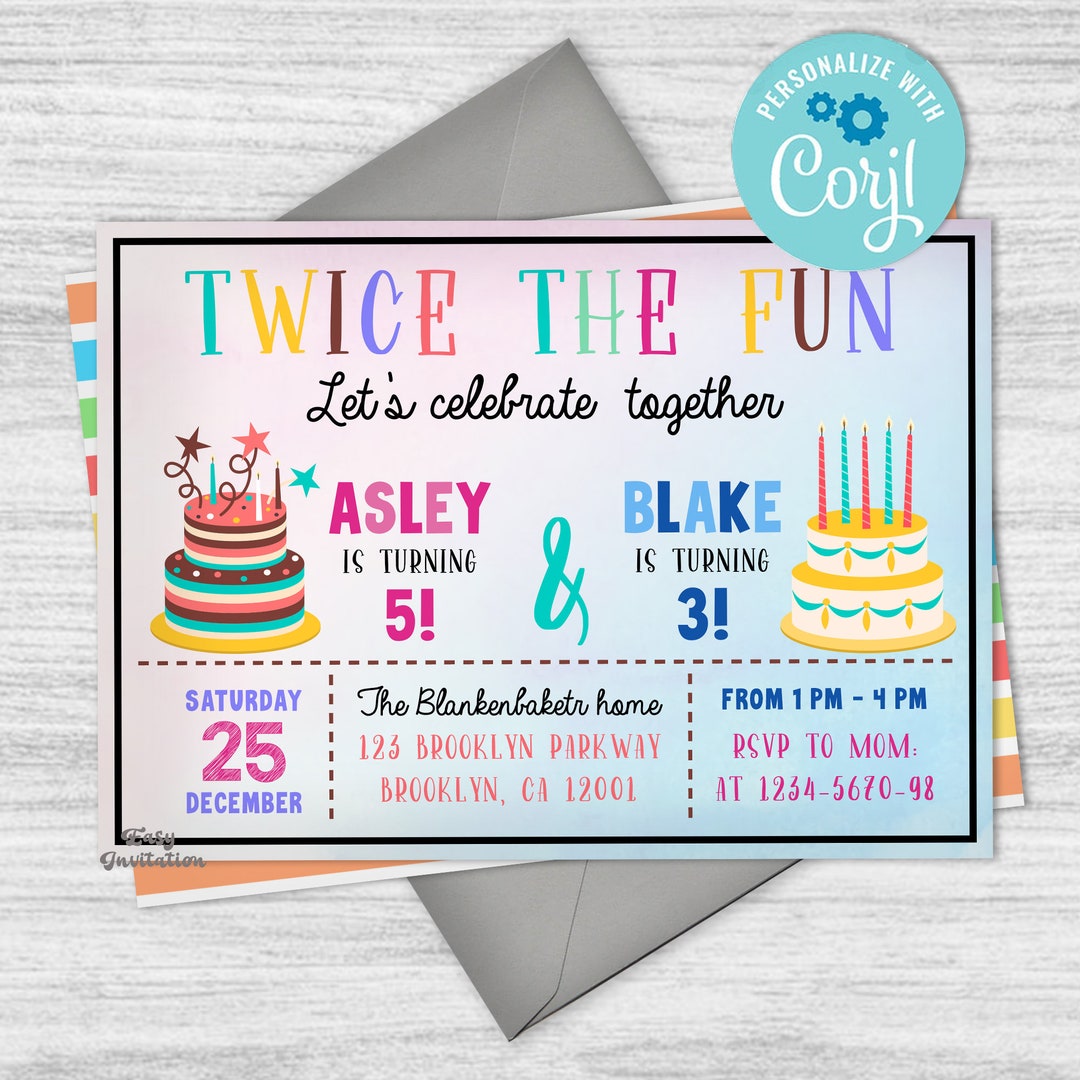 Twins Birthday Invitation, Joint Combined Birthday Party Invitation ...