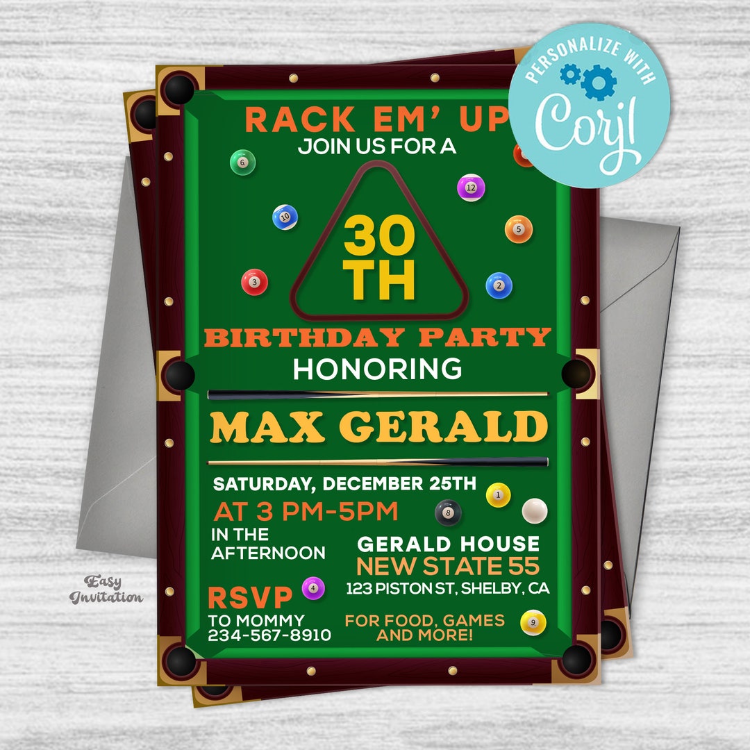 Snooker Invitation, Pool Birthday Invites, Billiard Invitation, Snooker ...