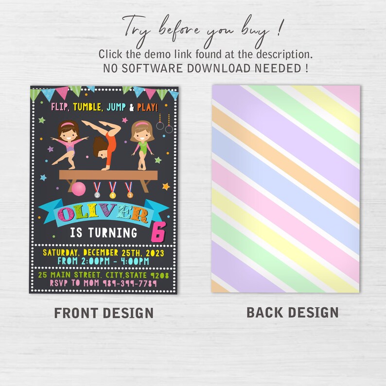 Editable Girls Invitations Birthday Invitation Gymnastic Invitation