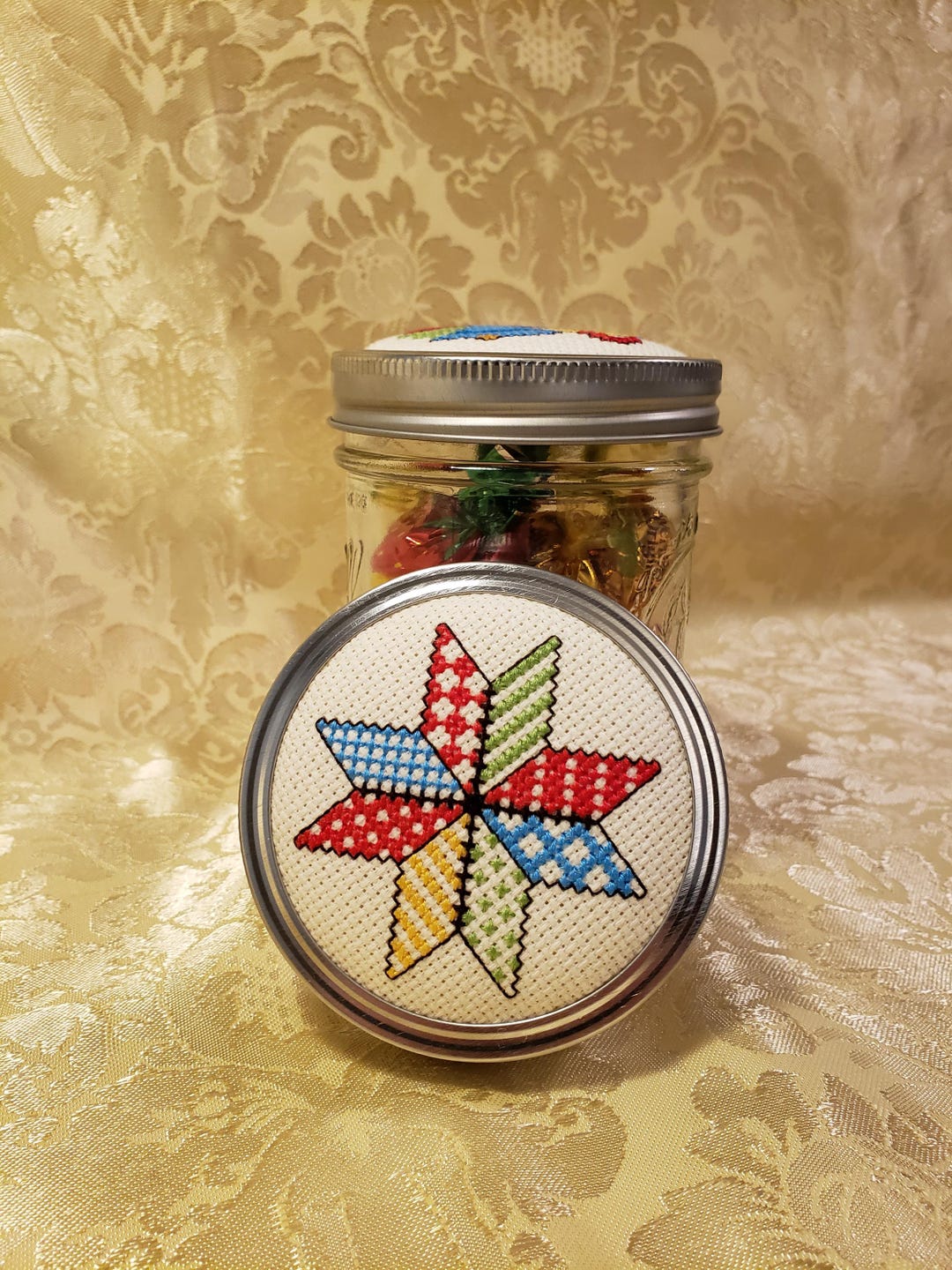Cross Stitch Mason Jar Lid - Patchwork Star - Etsy