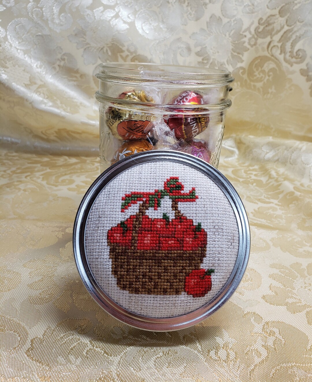 Cross Stitch Mason Jar Lid - Bushel of Apples; Apple Basket - Etsy