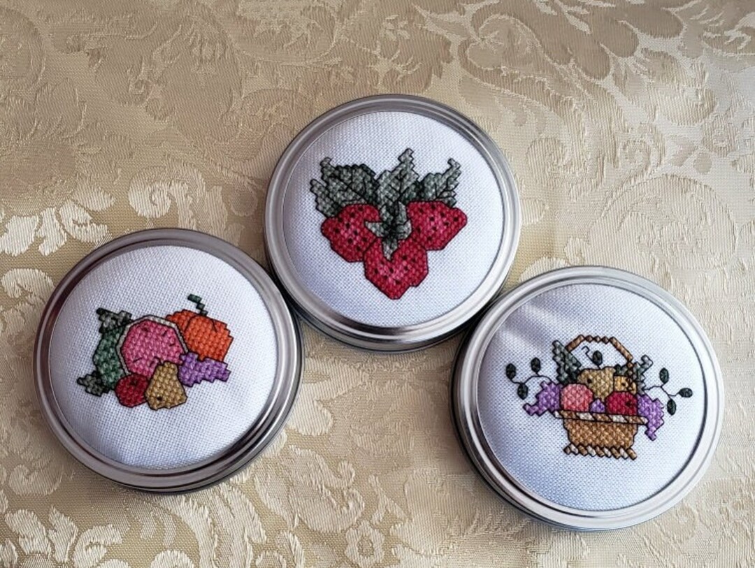 Cross Stitch Mason Jar Lid - Fruit - Strawberries - Fruit Basket Mason ...